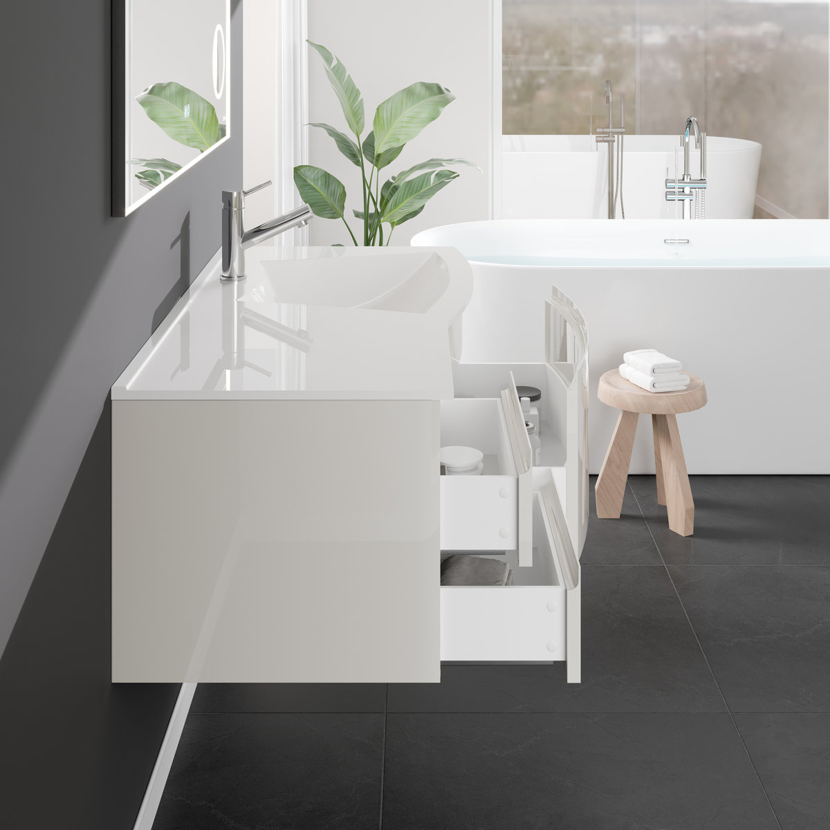 Wrought Studio™ Loveda 48"W X 18"D White Wall Mount Bathroom Vanity With White Acrylic ...